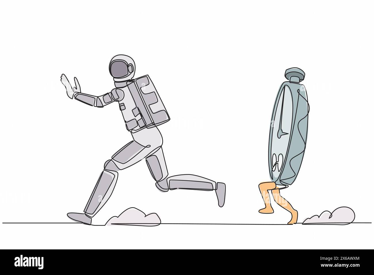 Continuous one line drawing young astronaut being chased by stopwatch ...