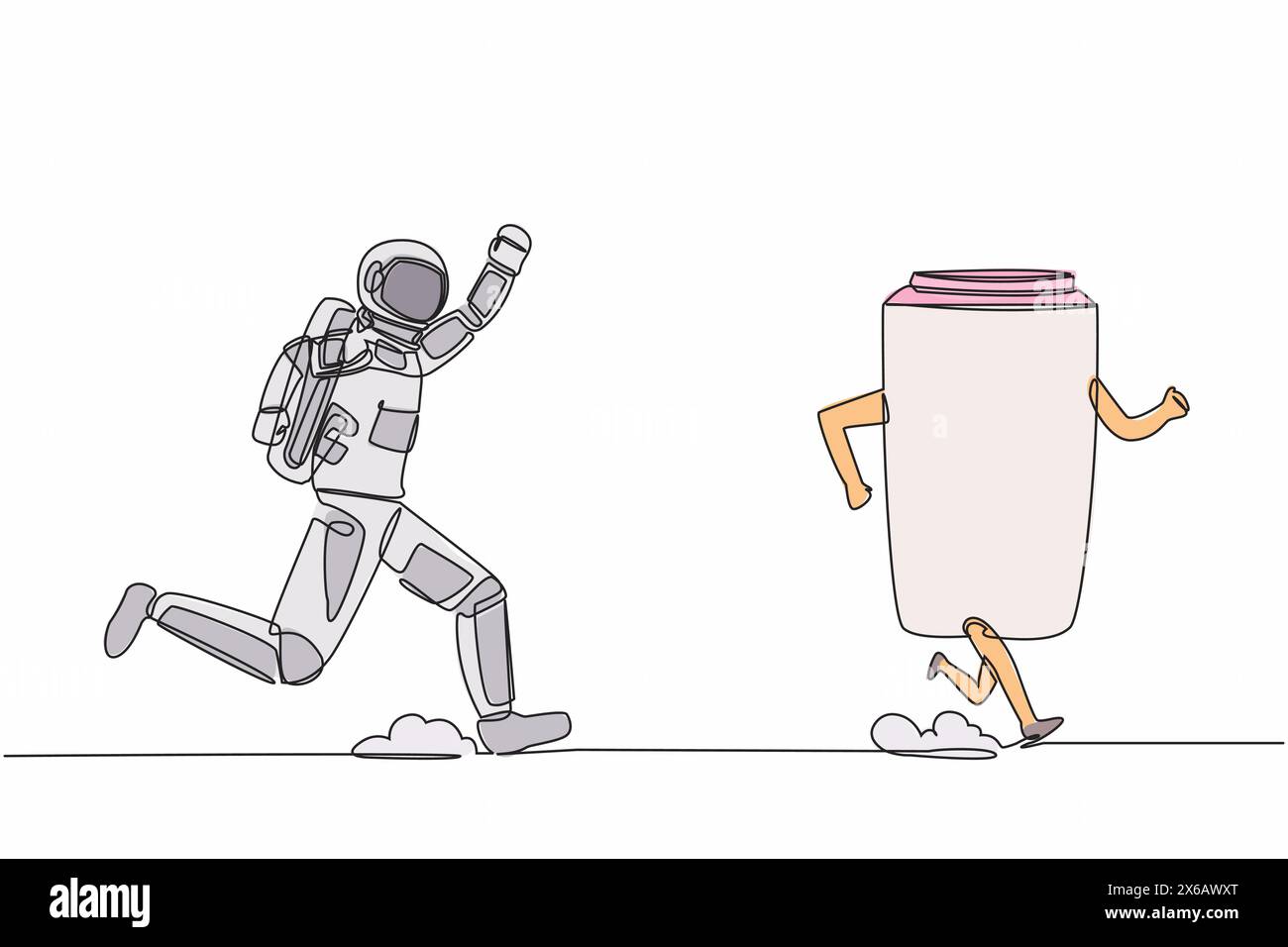 Continuous one line drawing young astronaut run chasing paper cup in ...