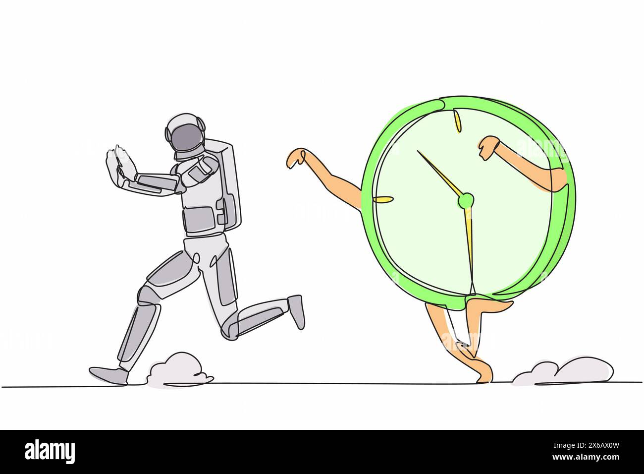 Single one line drawing young astronaut being chased by time. Afraid ...