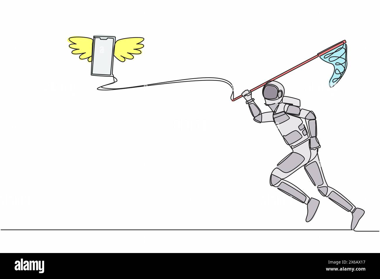 Continuous one line drawing young astronaut try to catch flying ...