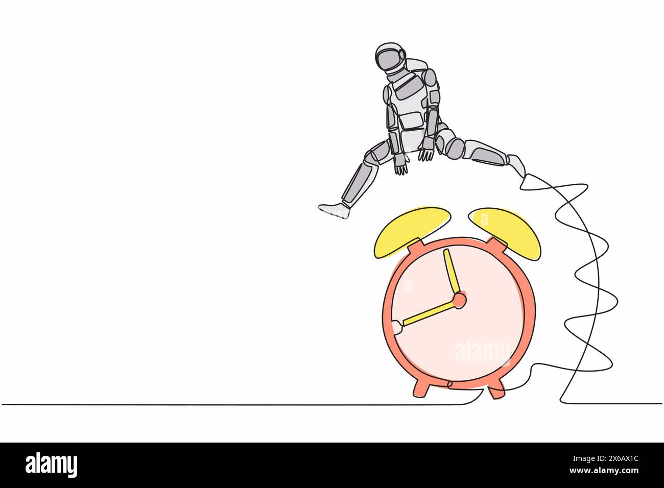 Continuous one line drawing young astronaut jumping over alarm clock ...