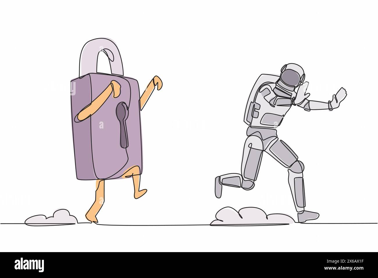 Continuous one line drawing young astronaut being chased by padlock ...