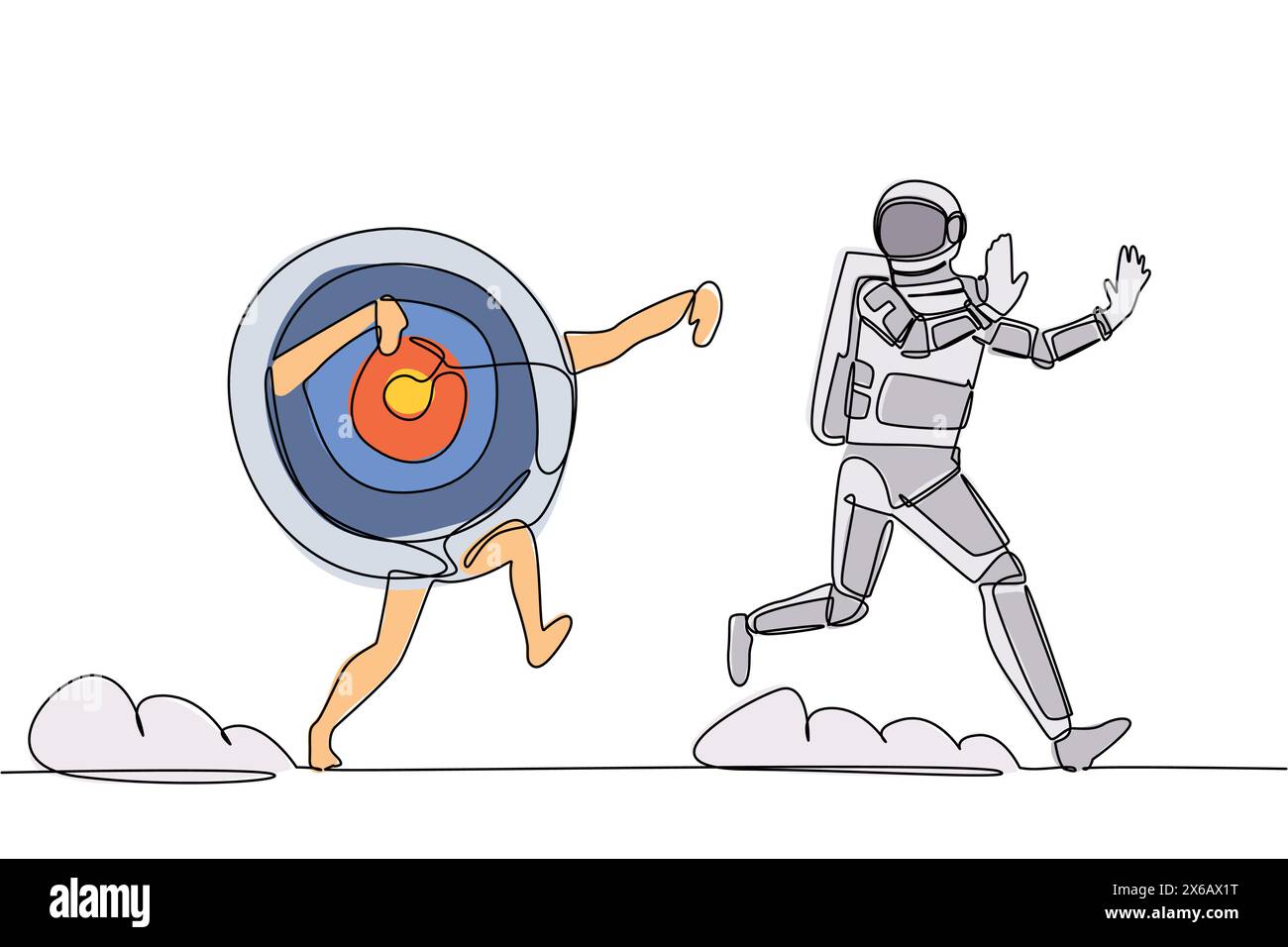 Continuous one line drawing scare astronaut being chased by archery ...