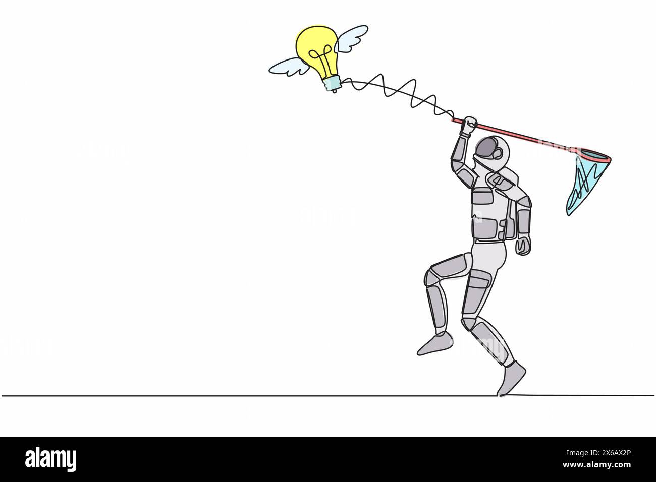 Single one line drawing young astronaut try to catching flying light ...