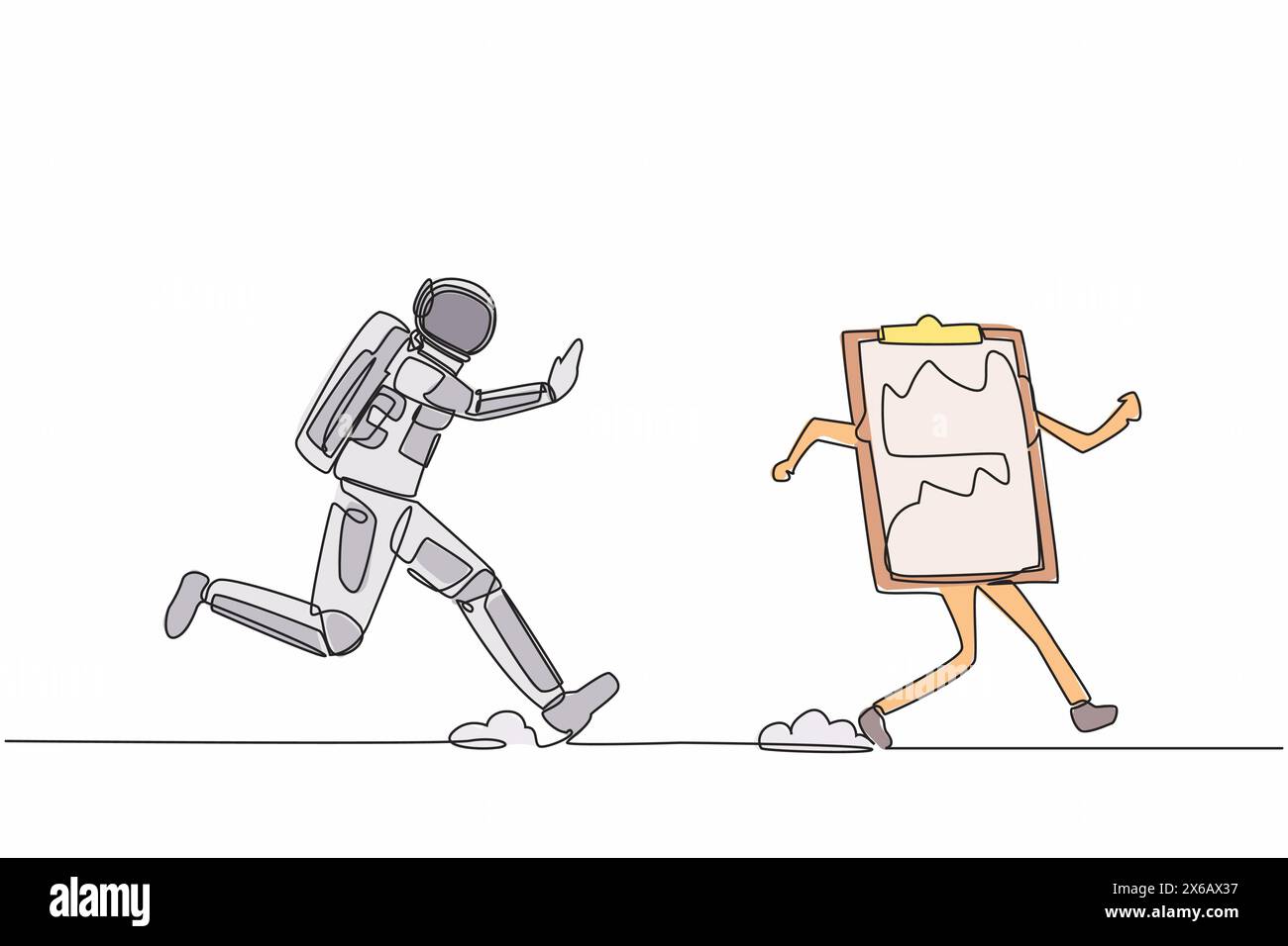 Continuous one line drawing young astronaut run chasing clipboard in ...