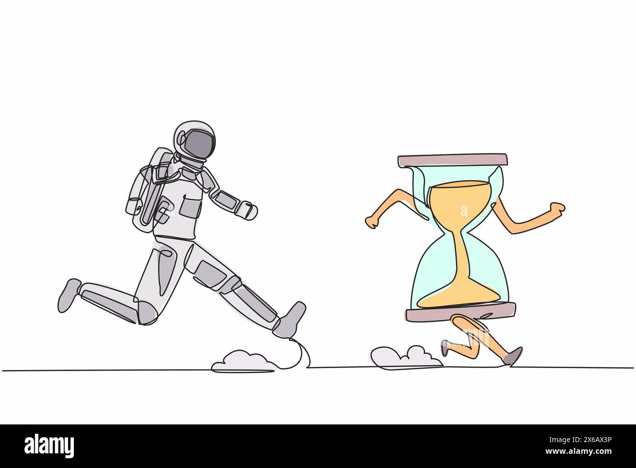 Continuous one line drawing of young astronaut run chasing hourglass in ...