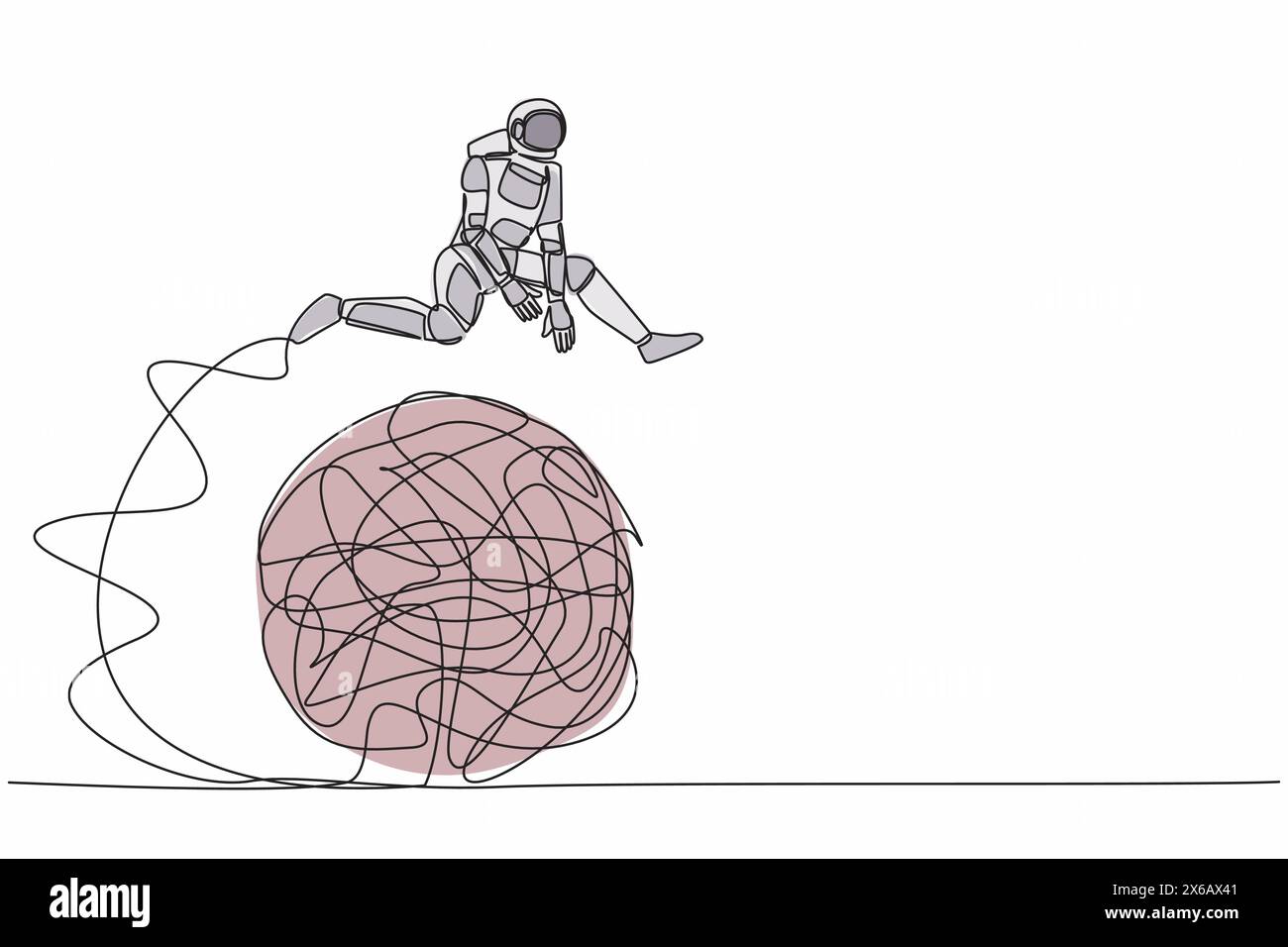 Continuous one line drawing young astronaut jumping over messy line in ...