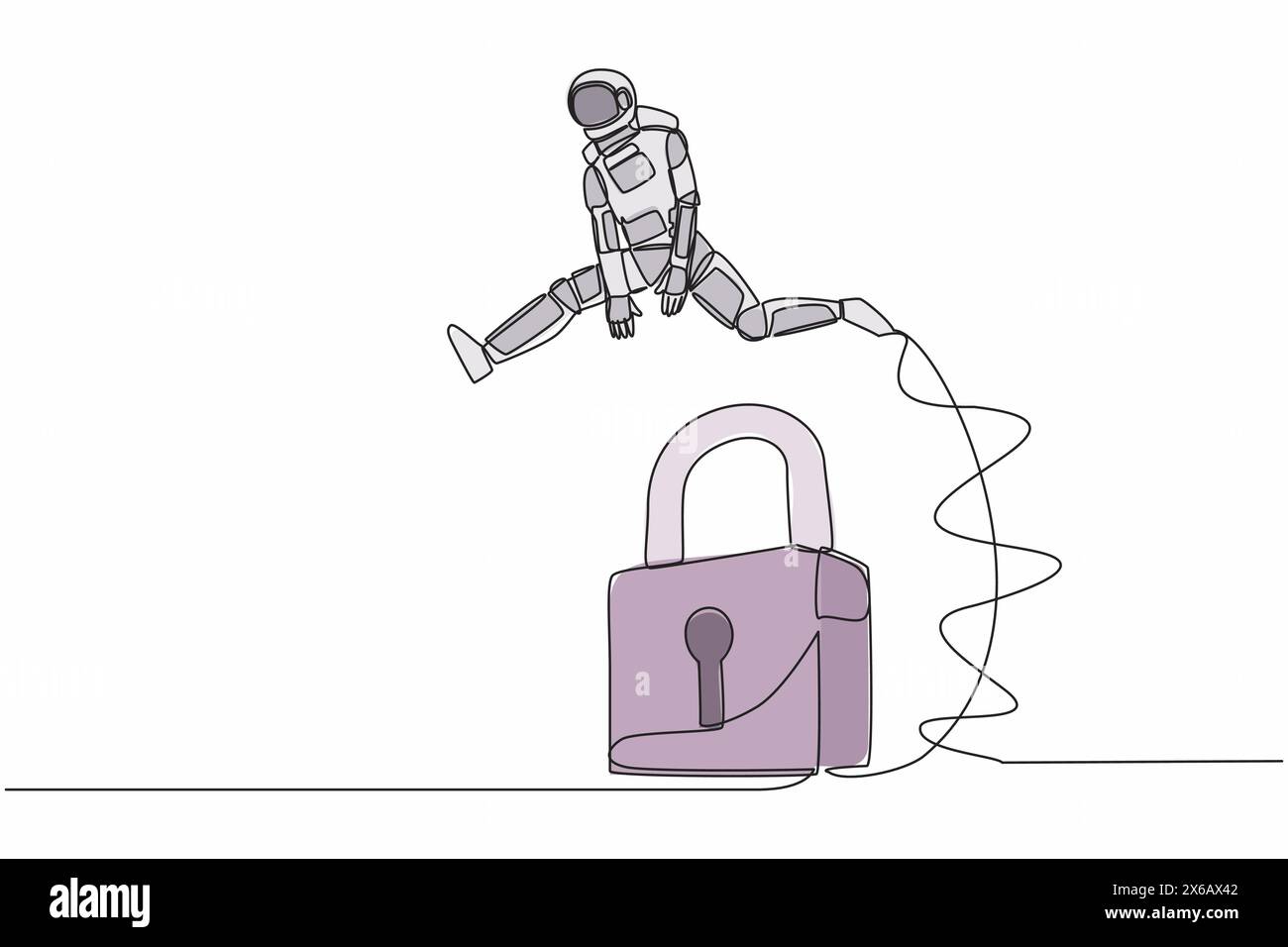 Single one line drawing astronaut jumping padlock. Space company ...