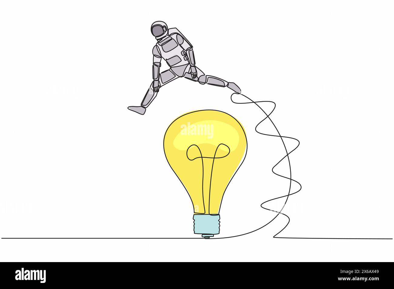 Single one line drawing young astronaut jumping over big light bulb ...