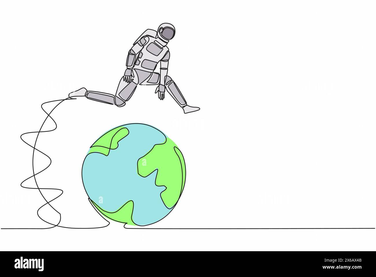 Single one line drawing young astronaut jumping over globe ...