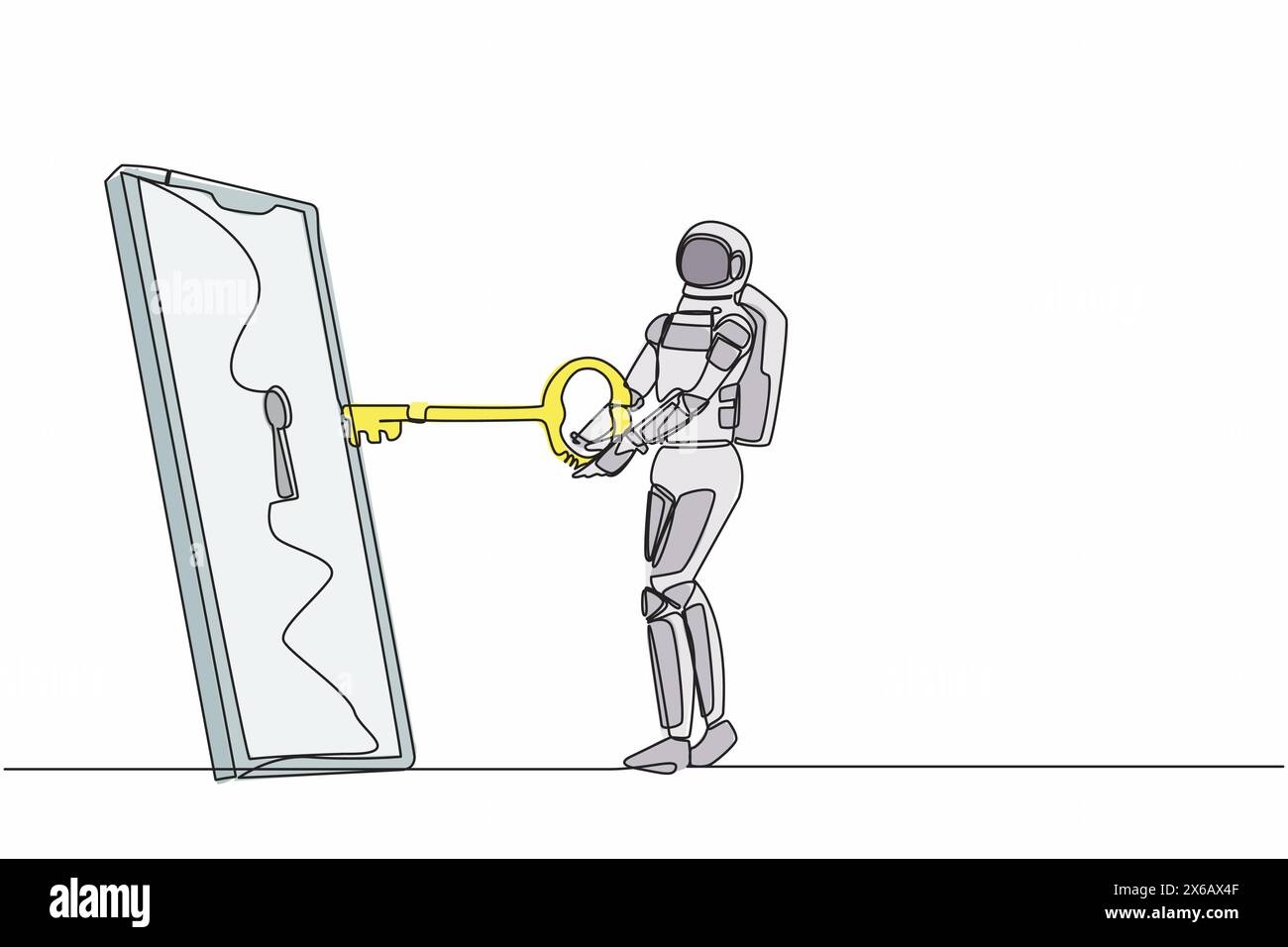 Continuous one line drawing young astronaut put key into smartphone ...