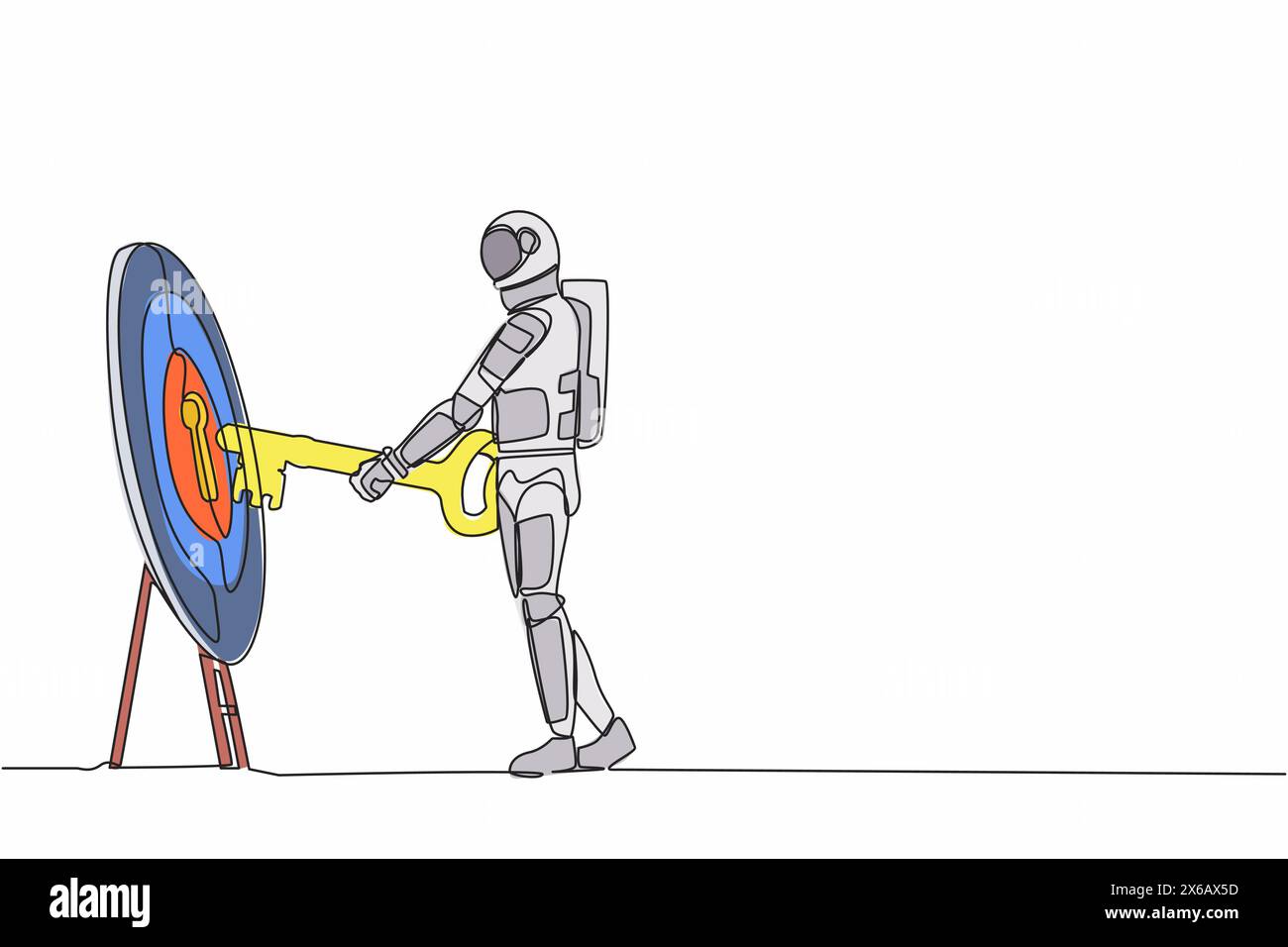 Single continuous line drawing young astronaut putting big key into ...