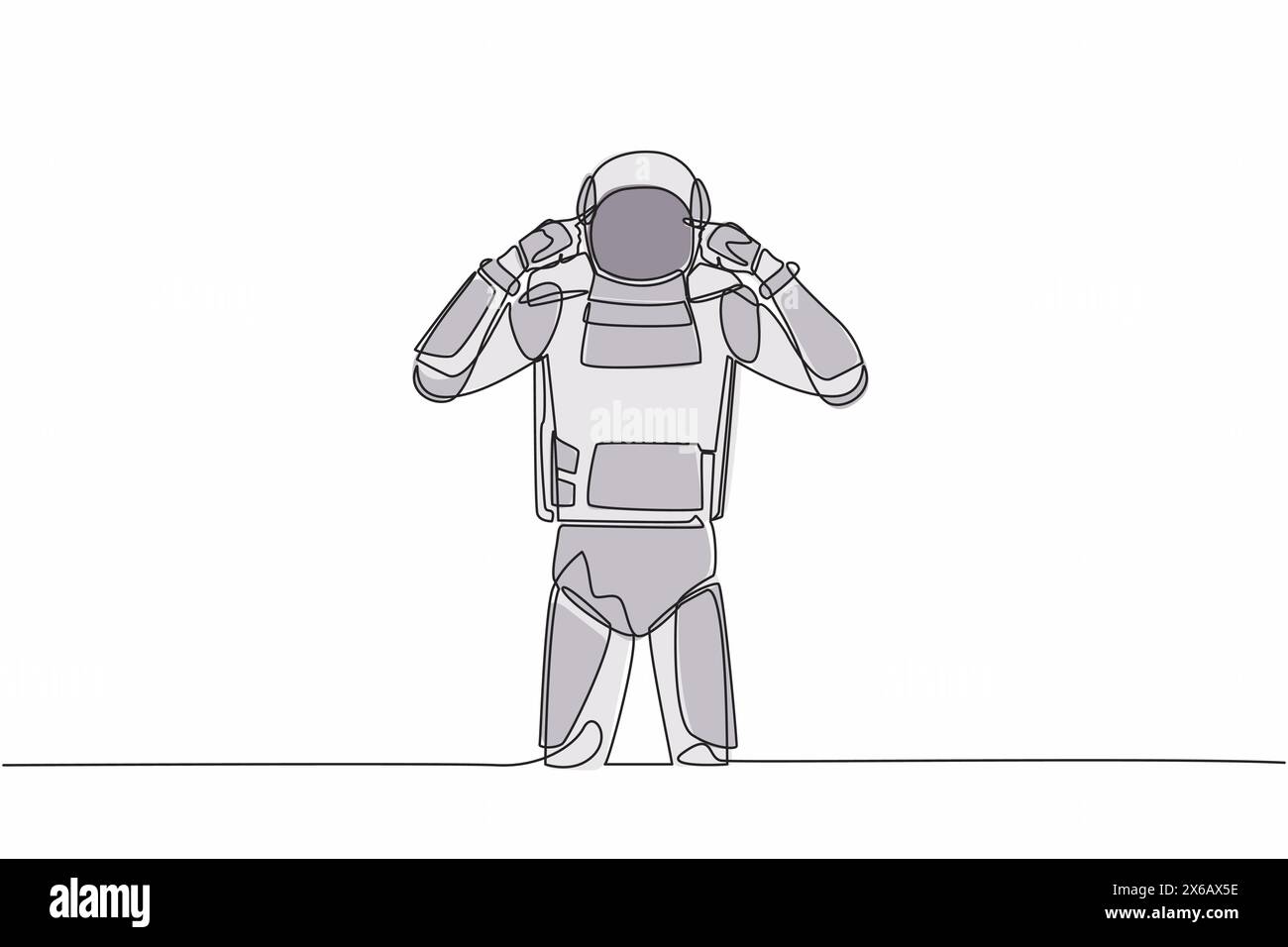 Single continuous line drawing of young astronaut covering ears with ...