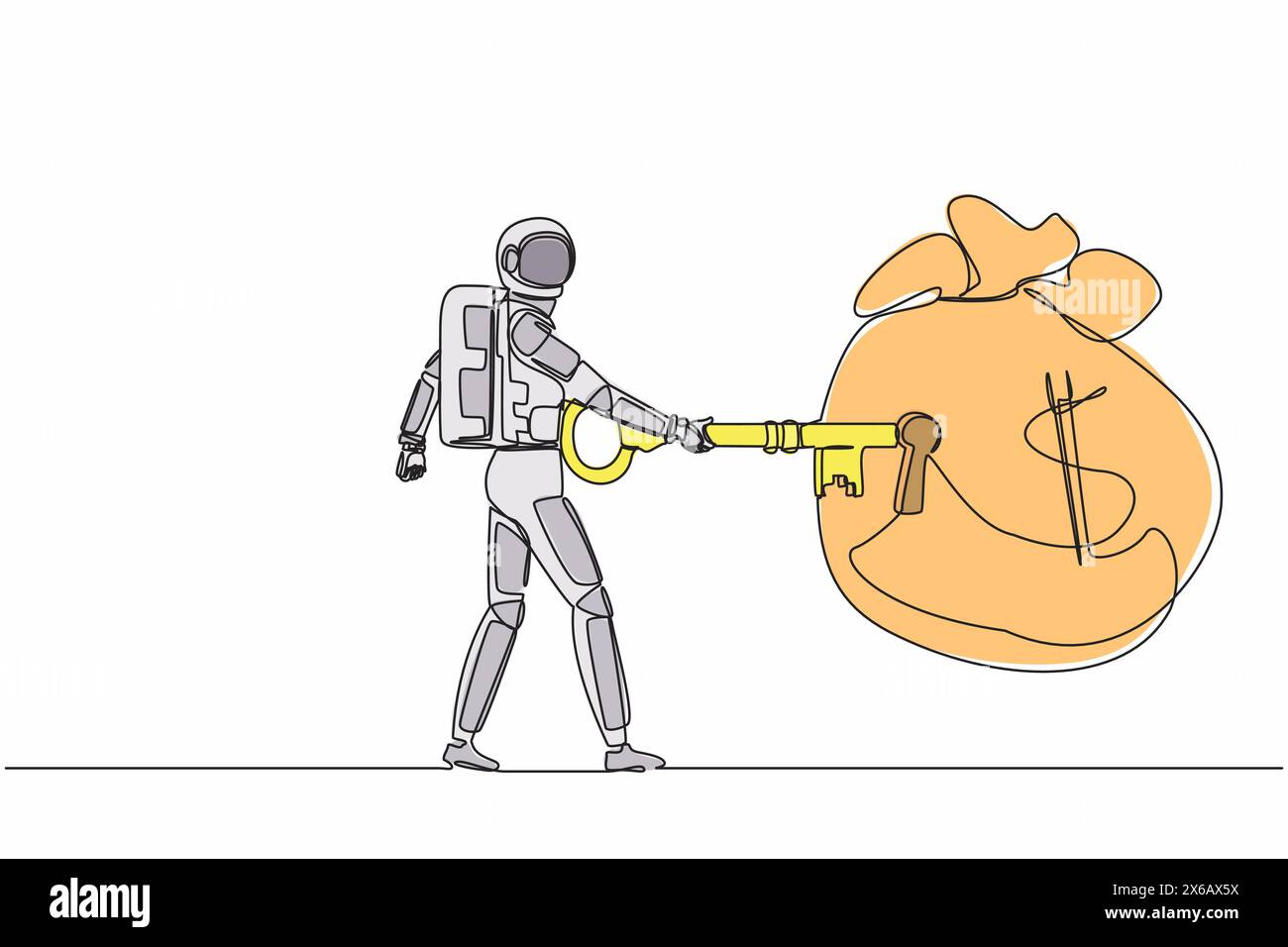 Continuous one line drawing young astronaut put big key into money bag ...