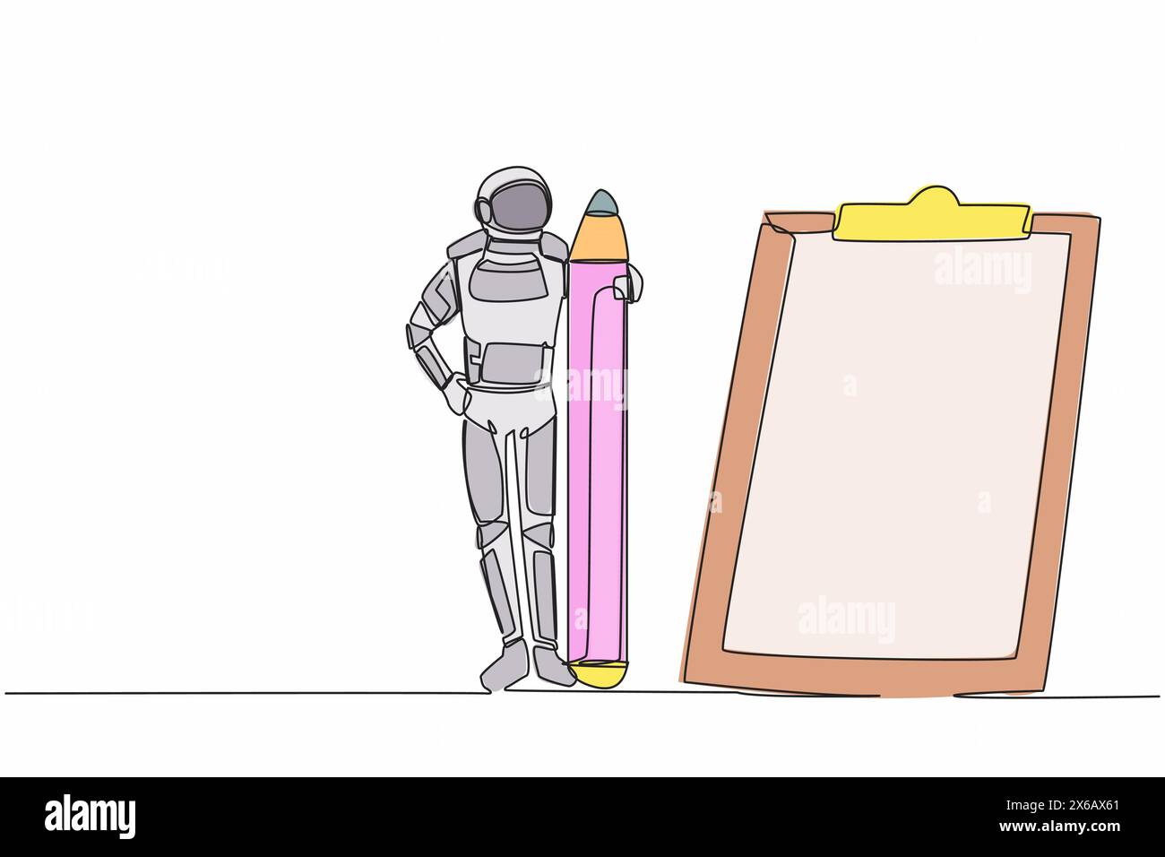 Single continuous line drawing of young astronaut holding big pencil ...