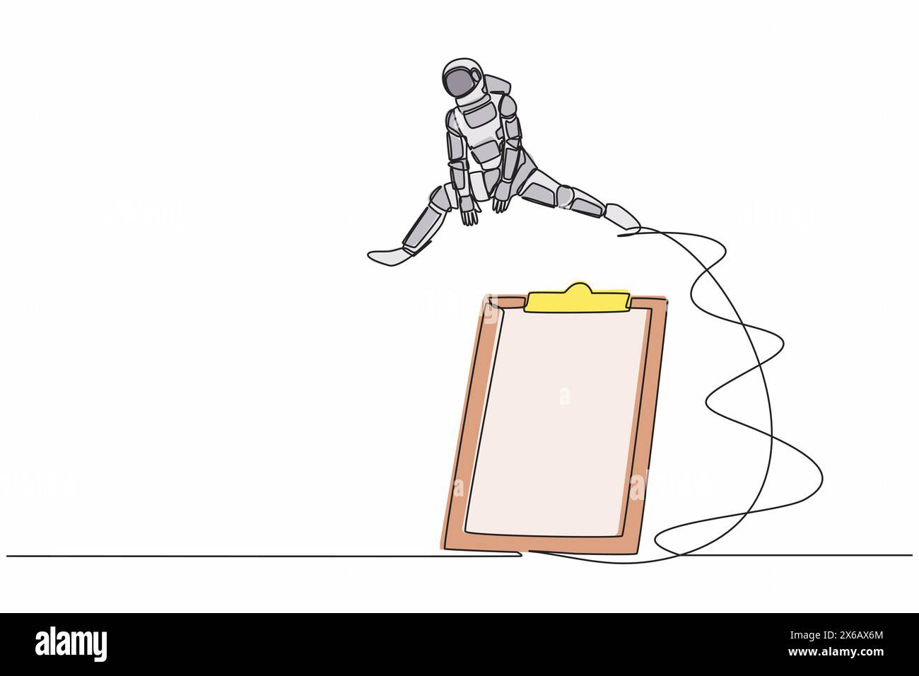 Single continuous line drawing astronaut jumping over clipboard ...