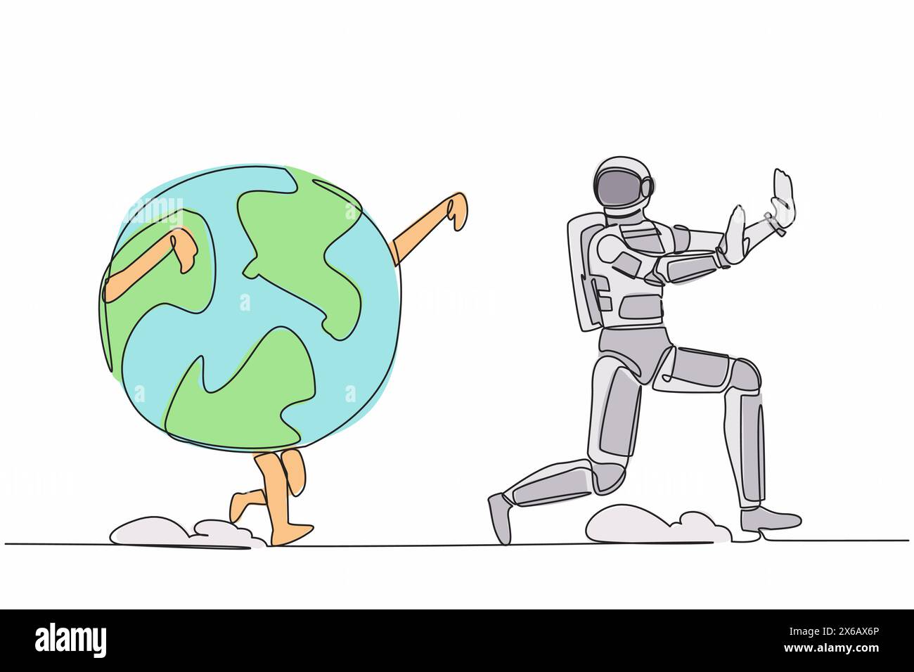 Continuous one line drawing young astronaut being chased by globe ...