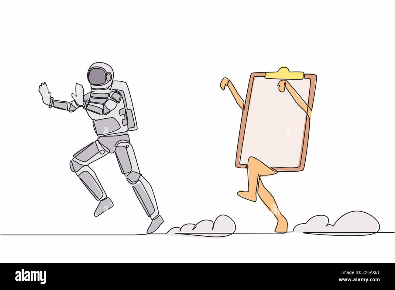 Continuous one line drawing young astronaut being chased by clipboard ...