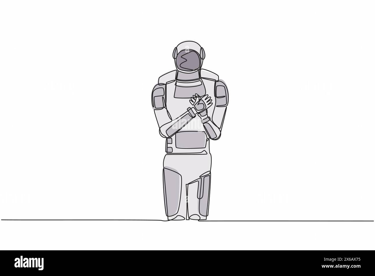 Continuous one line drawing young astronaut standing with keeping hands ...