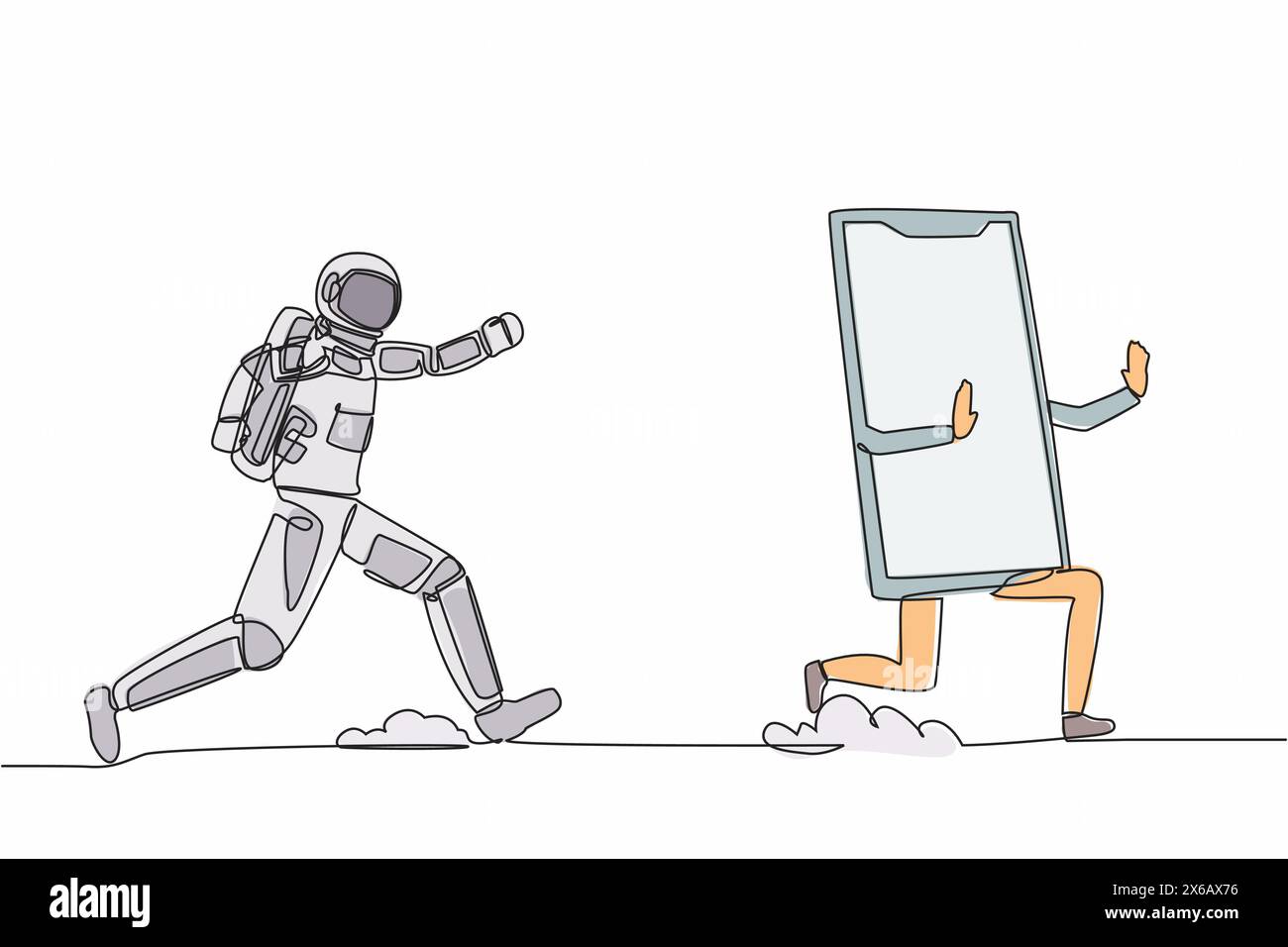 Single continuous line drawing young astronaut run chasing smartphone ...