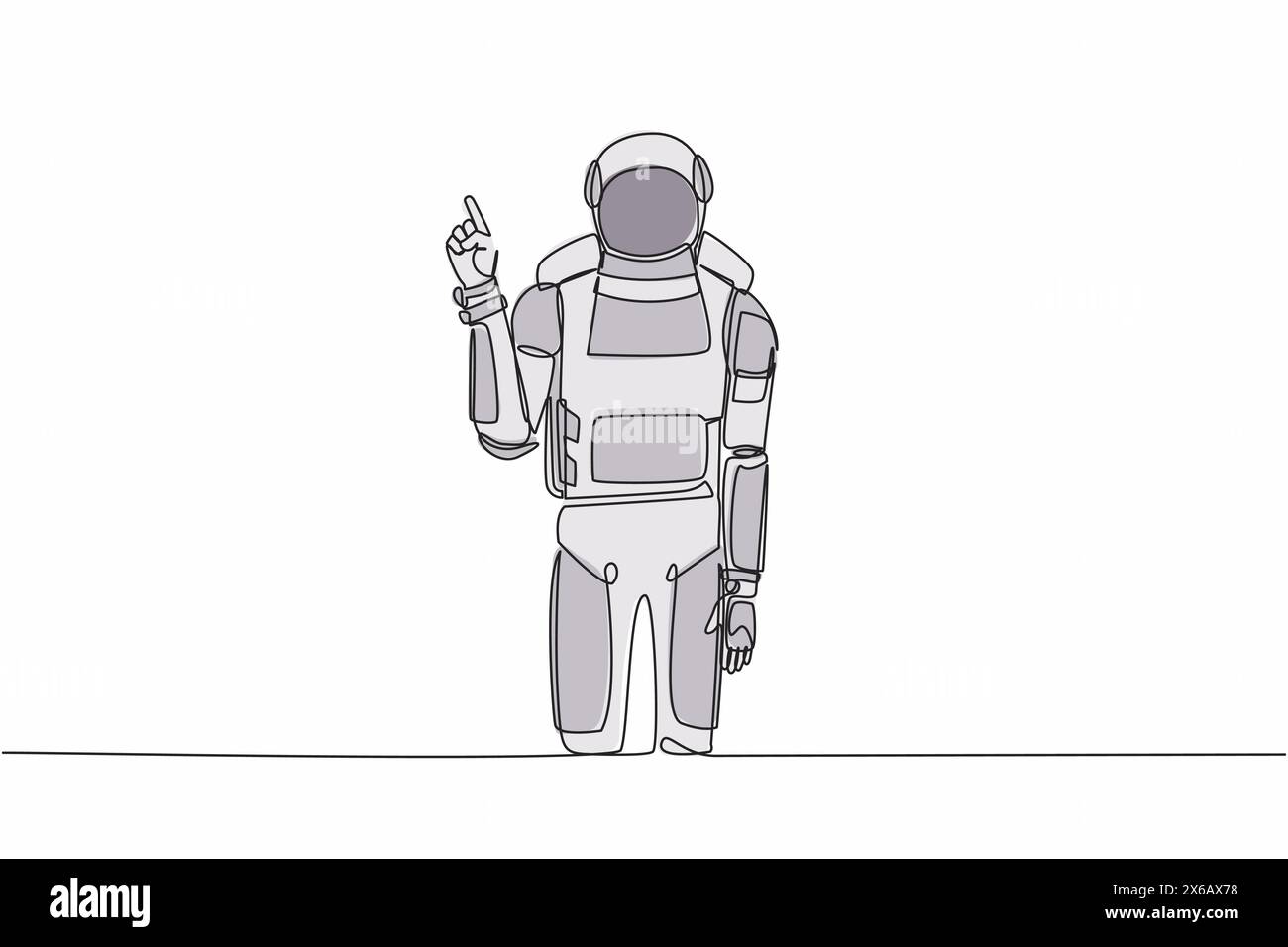 Continuous one line drawing young astronaut standing with finger index ...