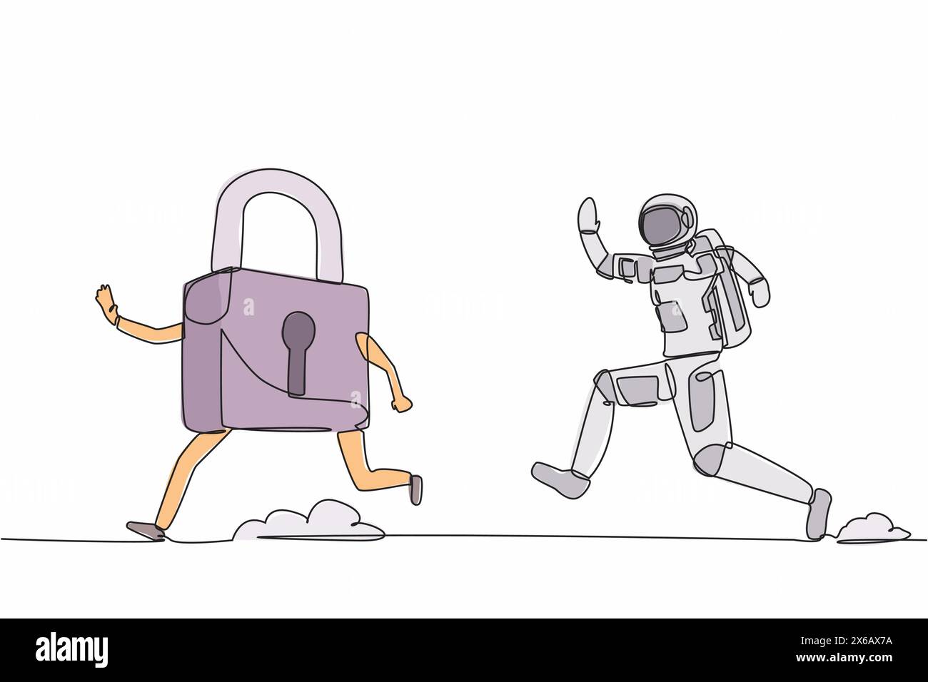 Single continuous line drawing astronaut run chasing padlock in moon ...
