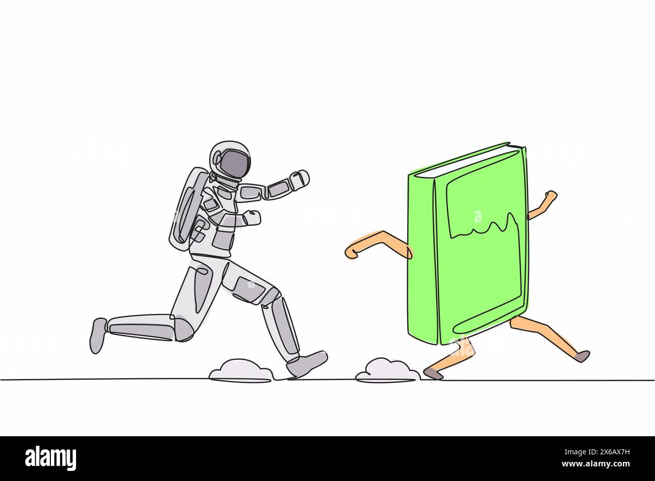 Single one line drawing of young astronaut run chasing textbook for ...
