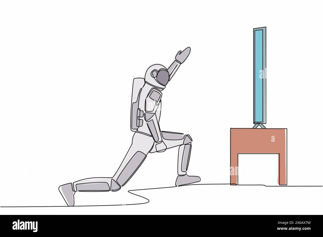 Continuous One Line Drawing Astronaut Doing Fitness At Moon Surface In Online Class Using Tv