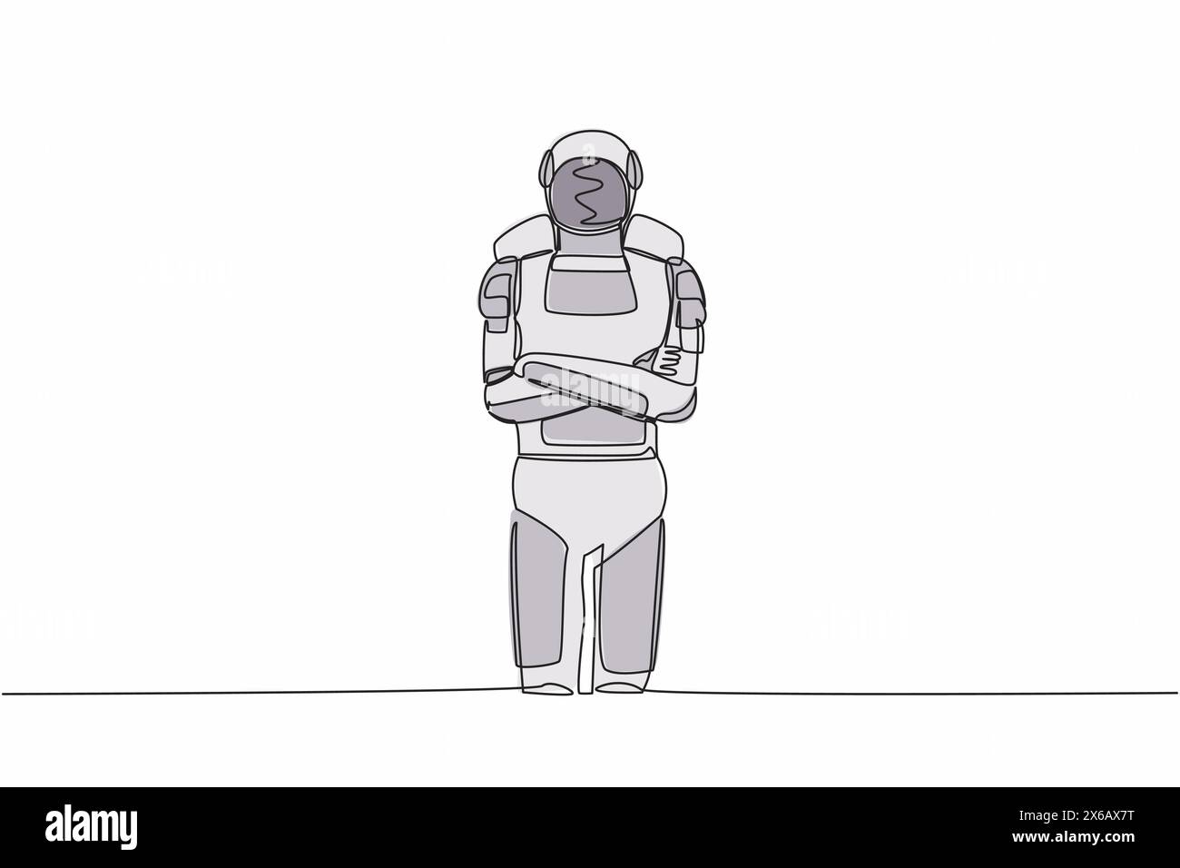 Single one line drawing young astronaut standing with folded arms pose ...