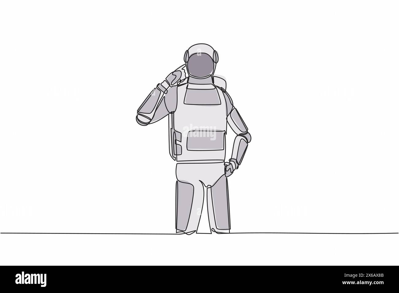 Single one line drawing young astronaut standing with pointing his head ... Single one line drawing young astronaut standing with pointing his head ...