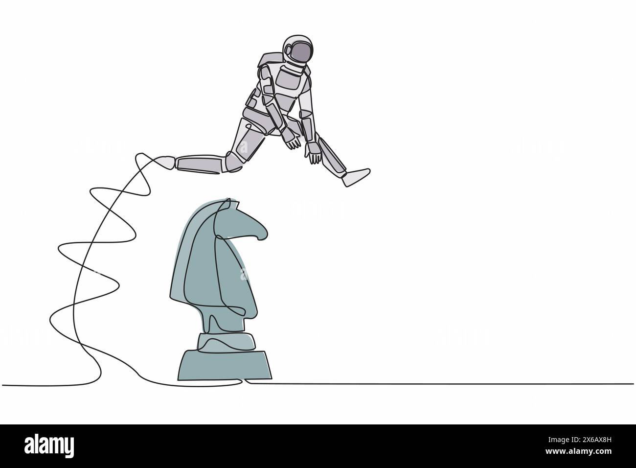 Single one line drawing astronaut jumping over chess horse knight. Brain intelligence for ...