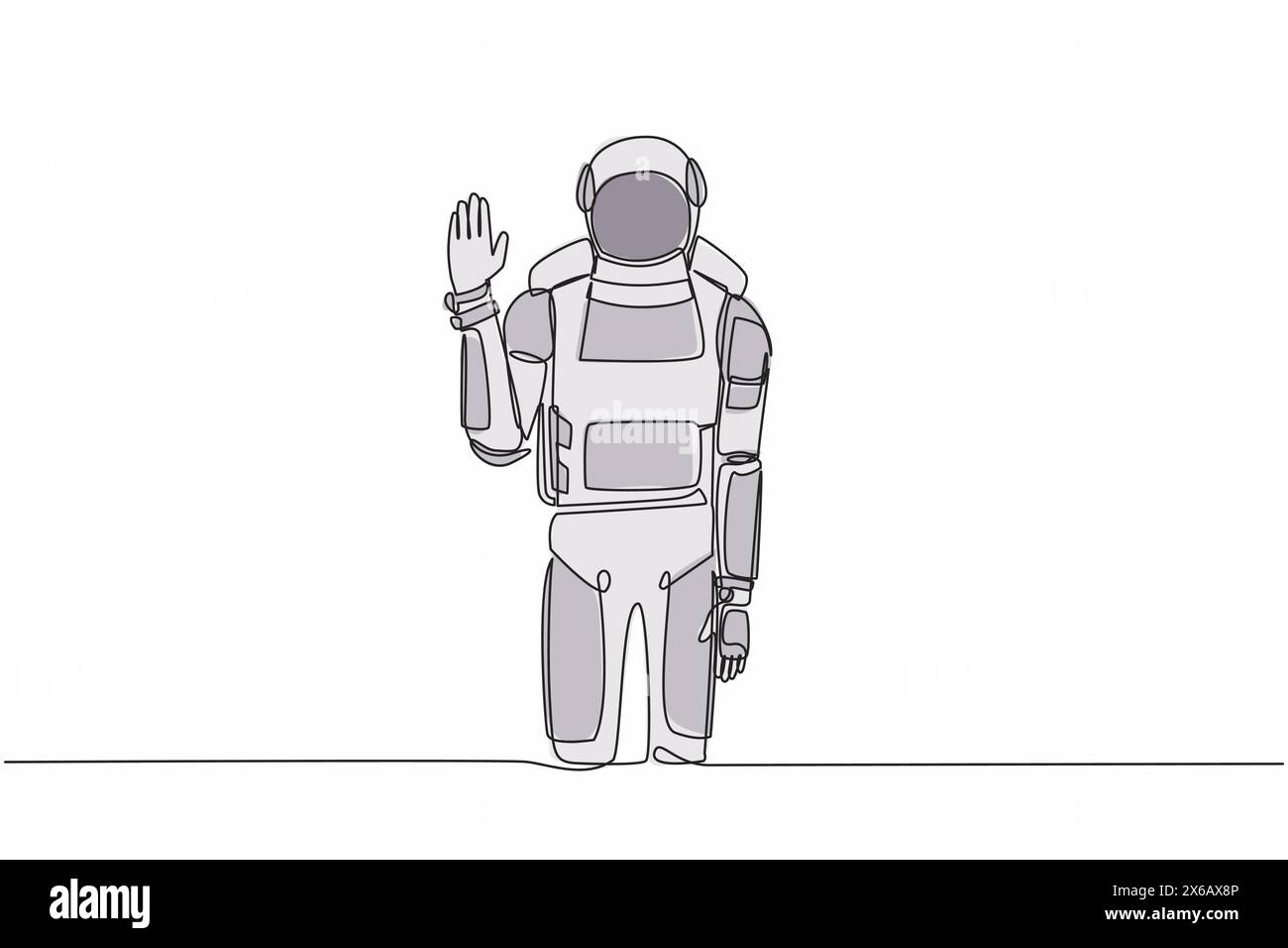 Single continuous line drawing young astronaut standing with palm as ...