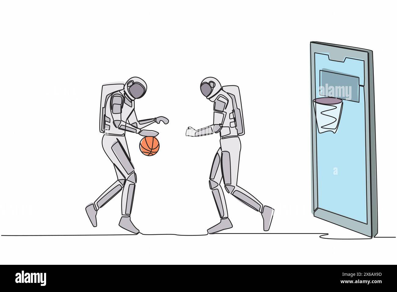 Continuous one line drawing two basketball players astronaut in action ...