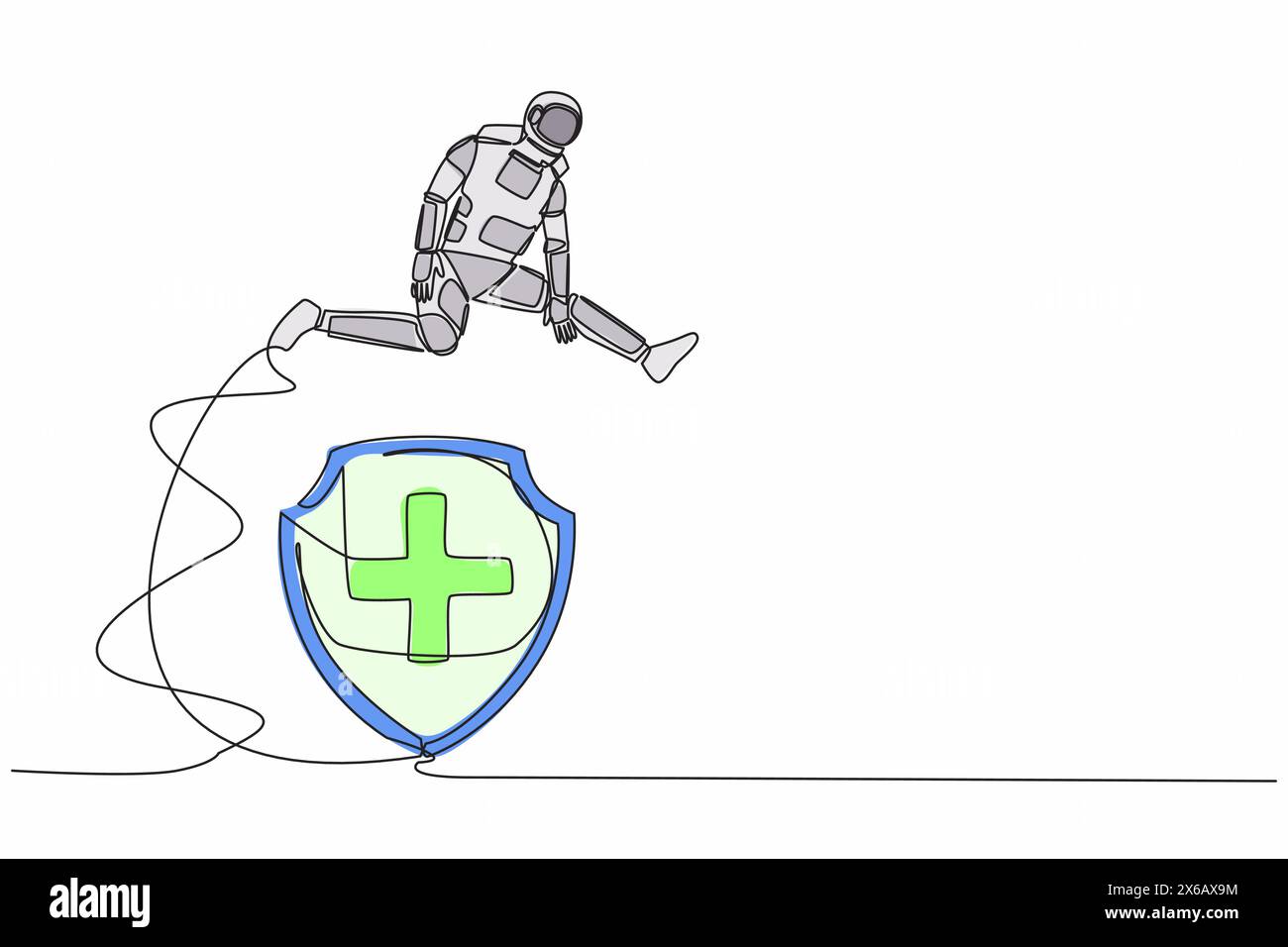 Continuous one line drawing young astronaut jump over big shield ...