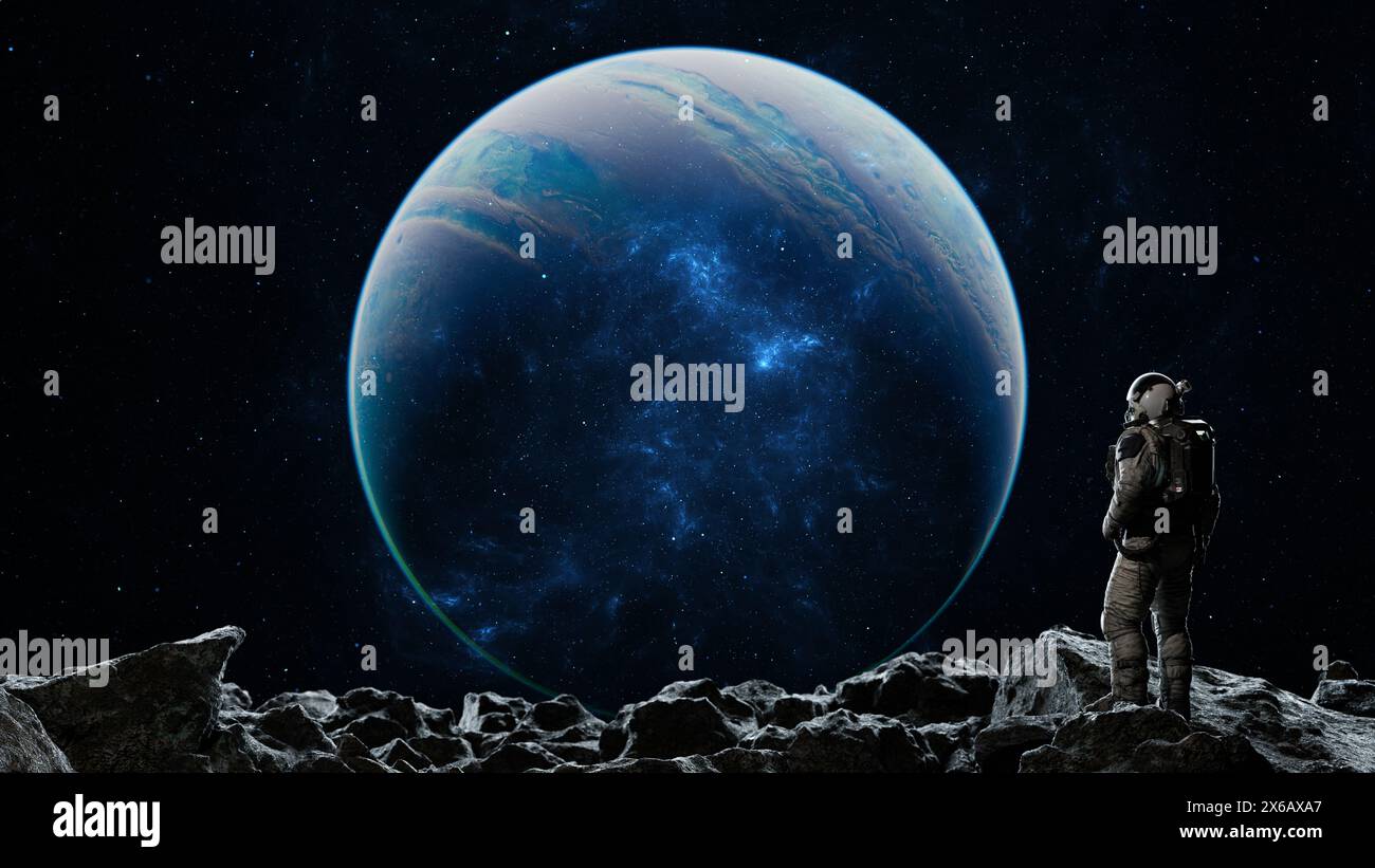 Astronaut observes a breathtaking view of a large, Earthlike planet ...