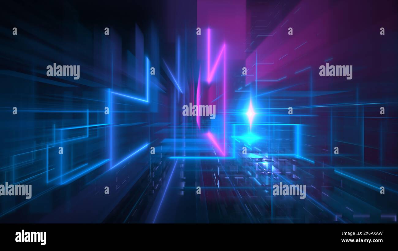 Neon pink and blue lights intersect in a dark, digital grid landscape ...