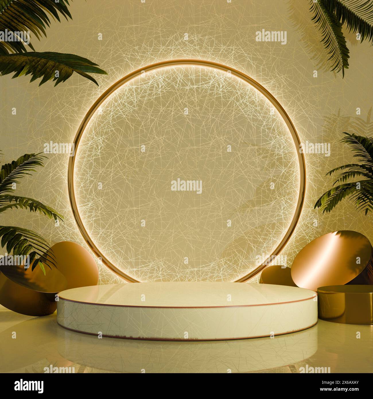 Chic display stage with a lit circular structure and tropical leaves ...