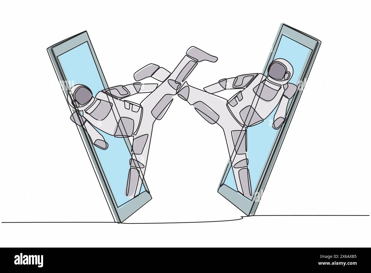 Single one line drawing two young astronaut karate fighter comes out ...