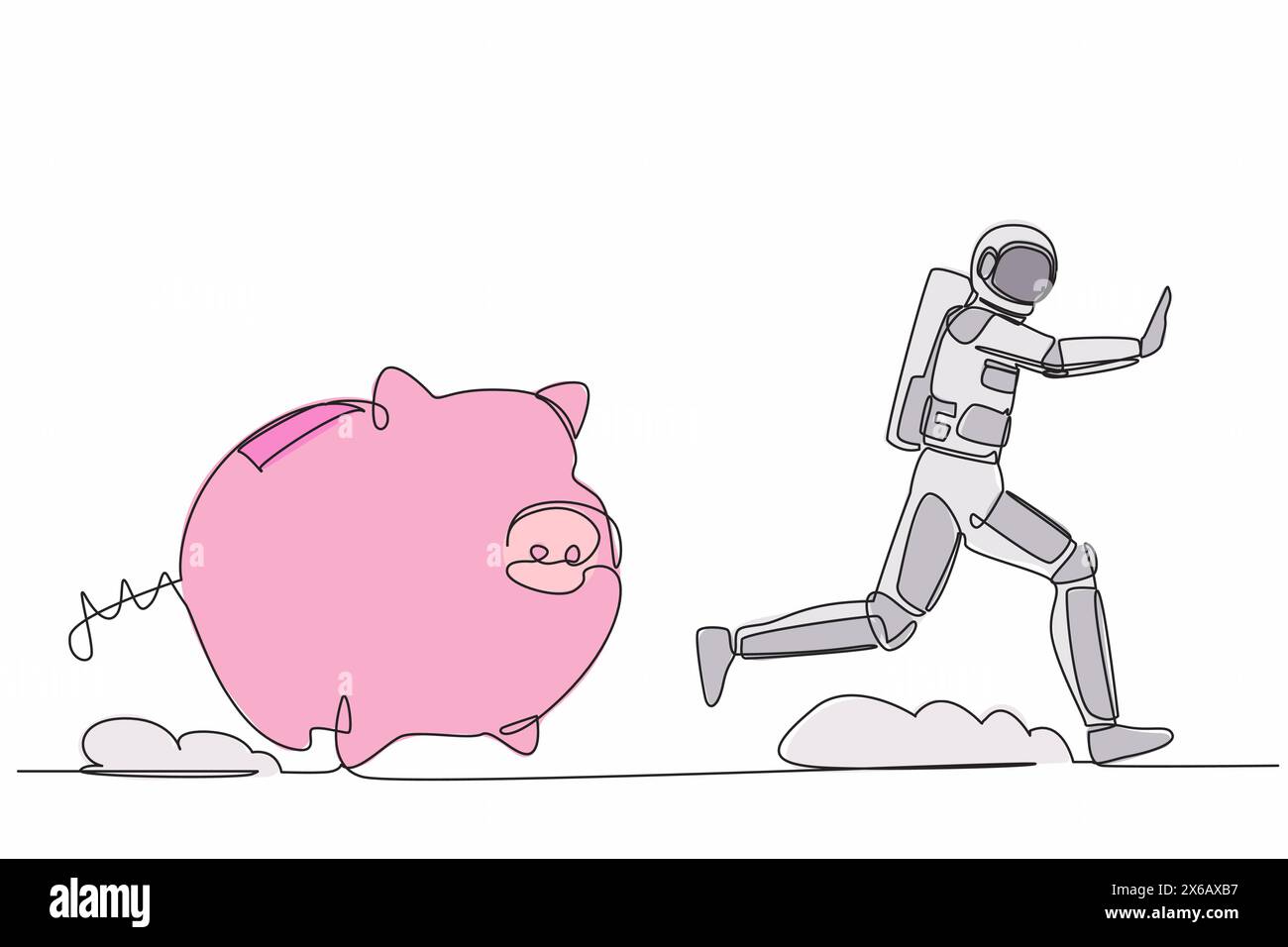 Single one line drawing young astronaut being chased by piggy bank ...
