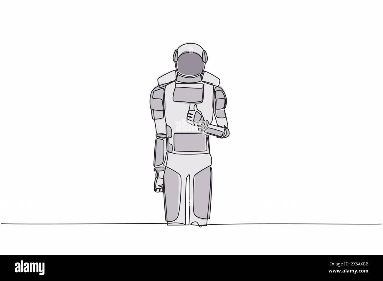 Single continuous line drawing of young astronaut standing with thumbs ...