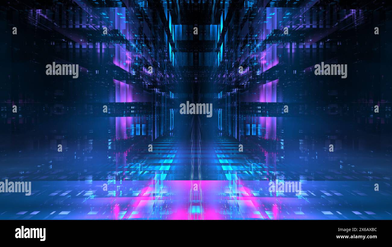 Neon lit virtual passageway creates an immersive sci-fi atmosphere with ...