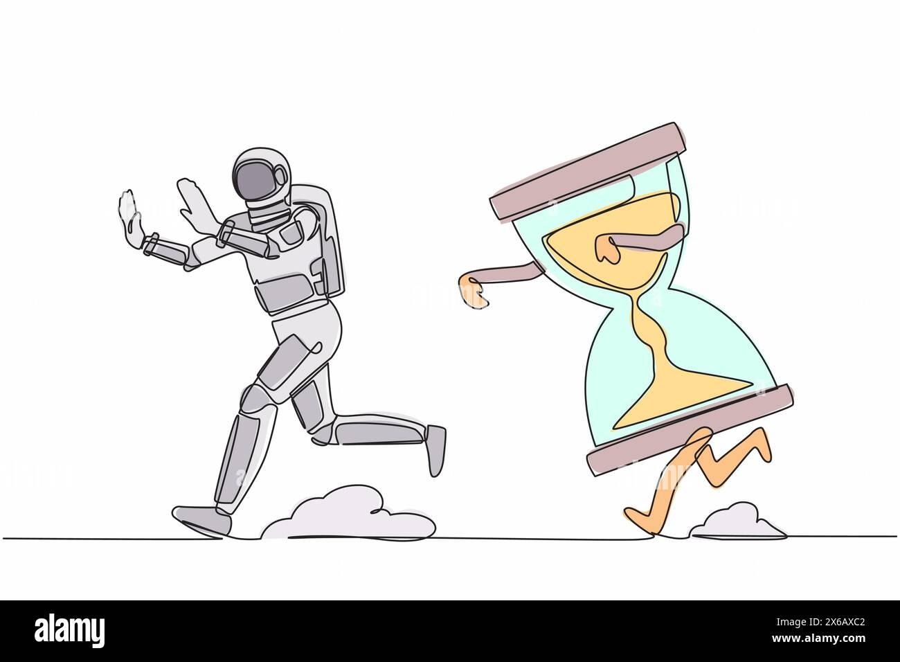 Single continuous line drawing of young astronaut being chased by ...