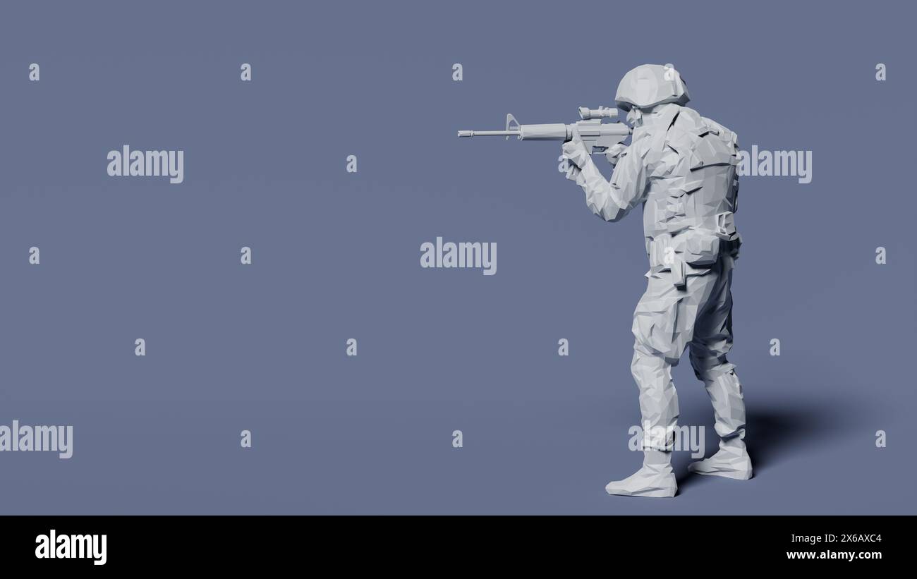 Soldier stands ready, aiming a rifle, isolated against a plain blue ...