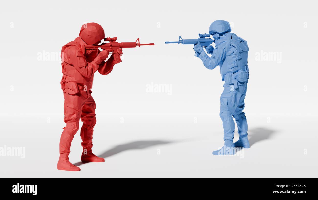 Red and blue figures soldiers, aiming rifles at each other in a ...