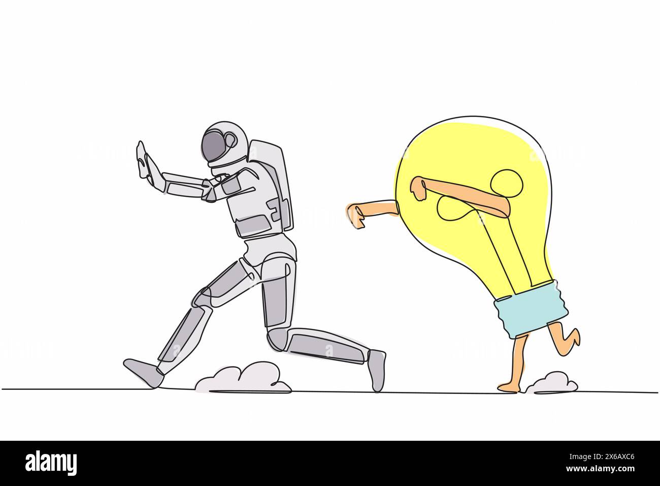 Single continuous line drawing astronaut being chased by light bulb ...