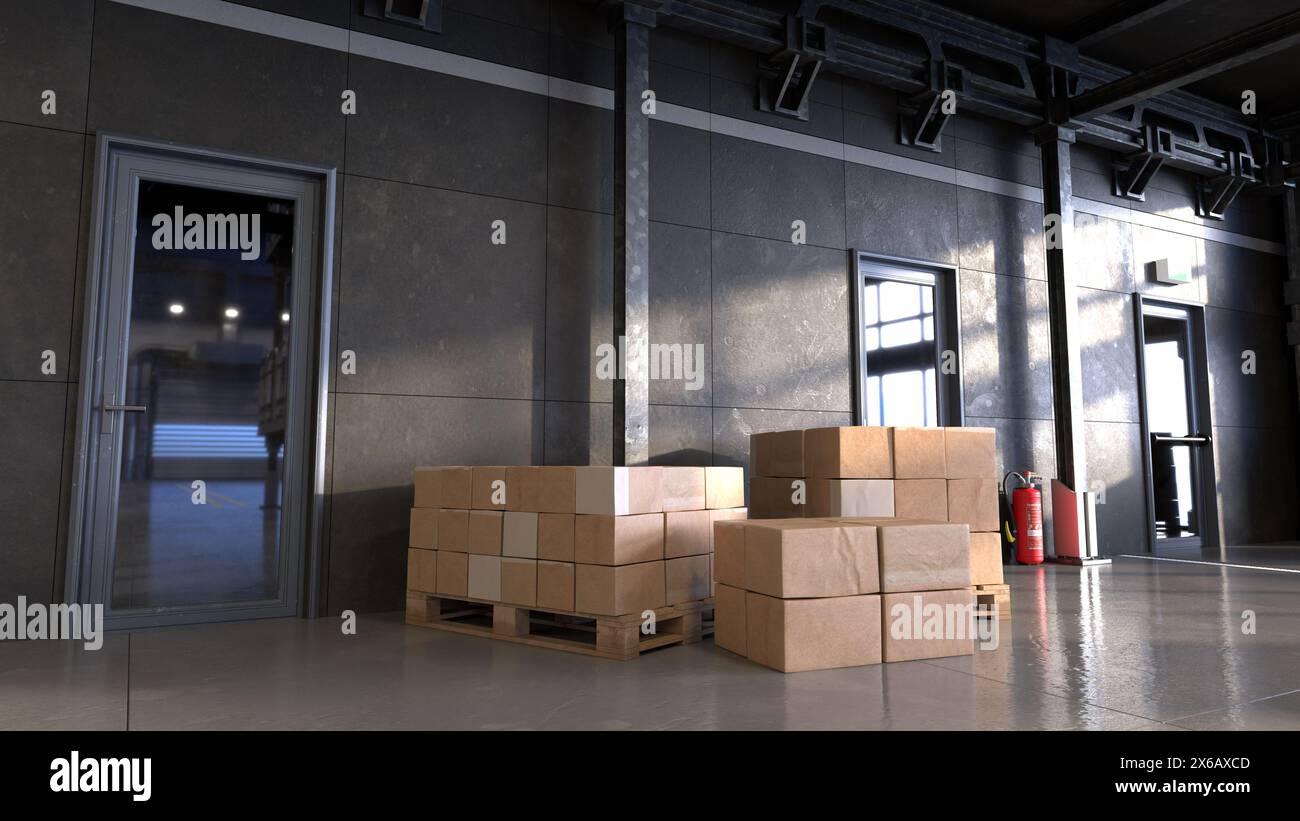 Clean warehouse with pallets and packages. Sunlight streams through ...