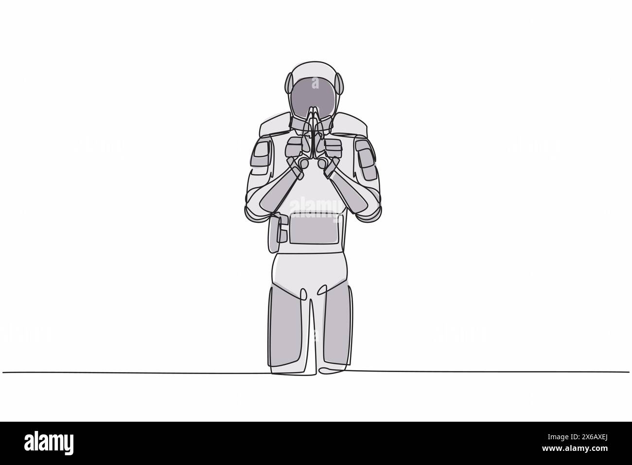 Single one line drawing young astronaut standing with holding palms in ...