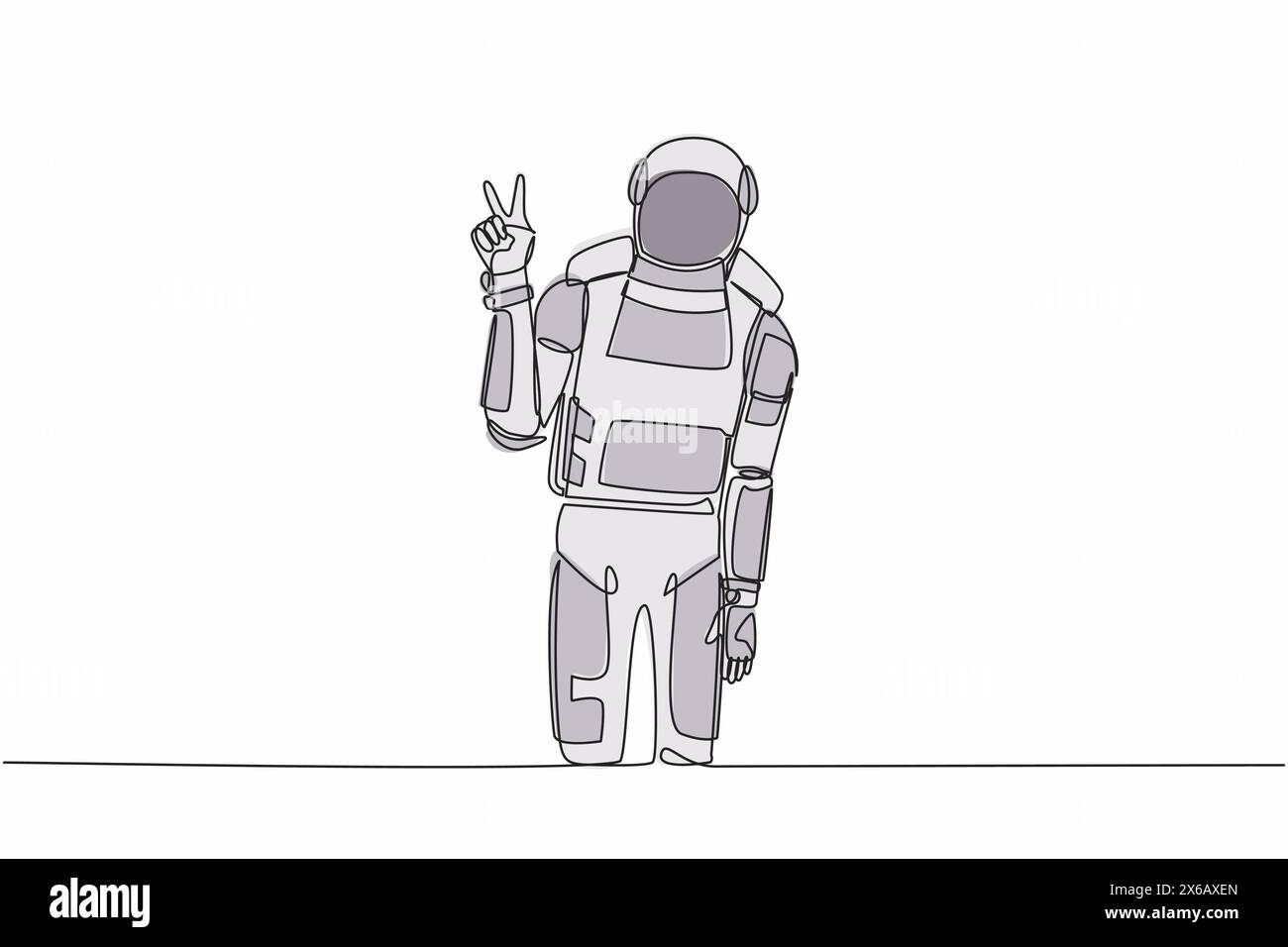 Continuous one line drawing young astronaut standing with v symbol ...