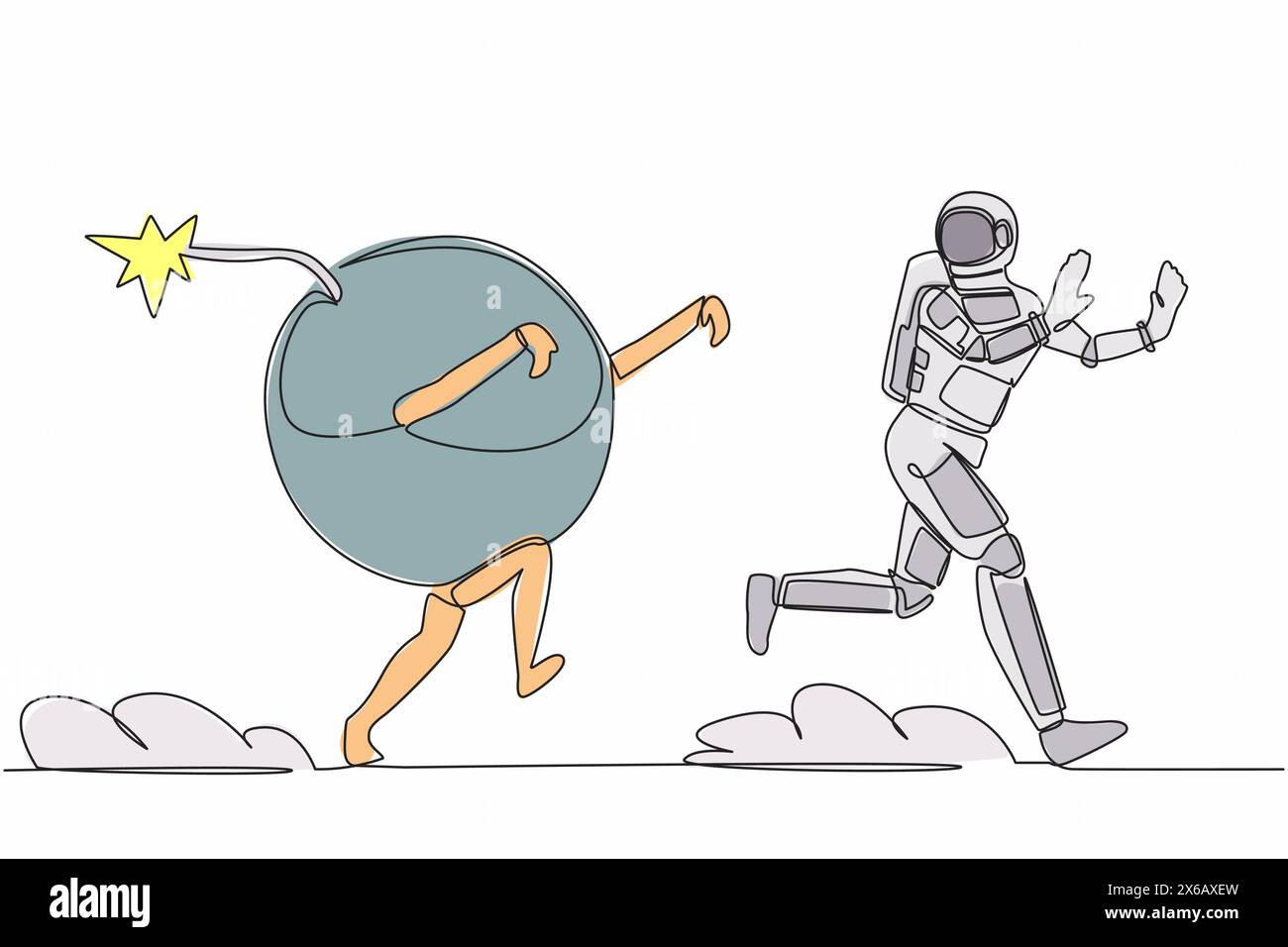 Continuous one line drawing young astronaut being chased by bomb ...