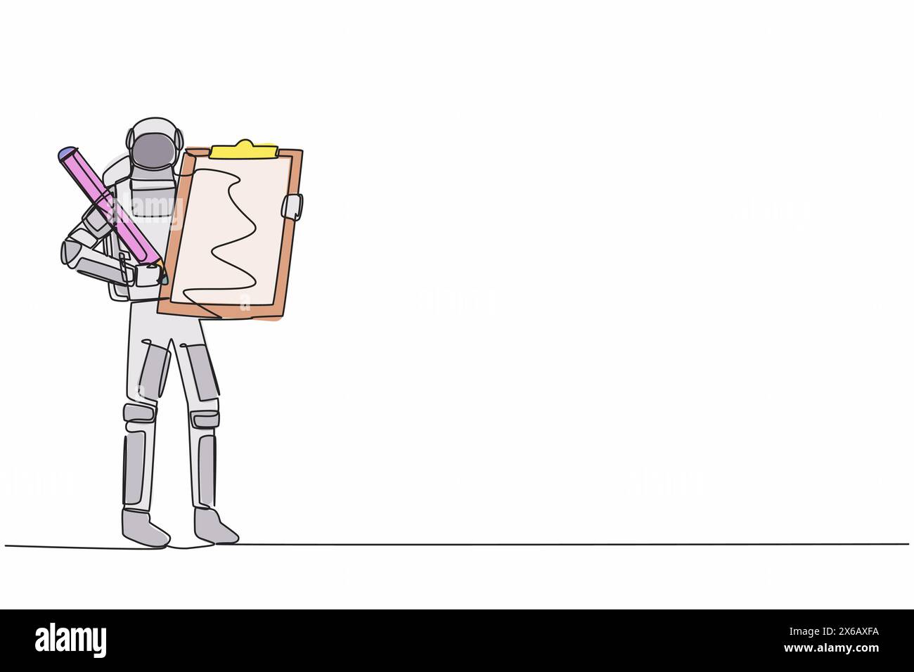 Continuous one line drawing young astronaut standing and holding ...